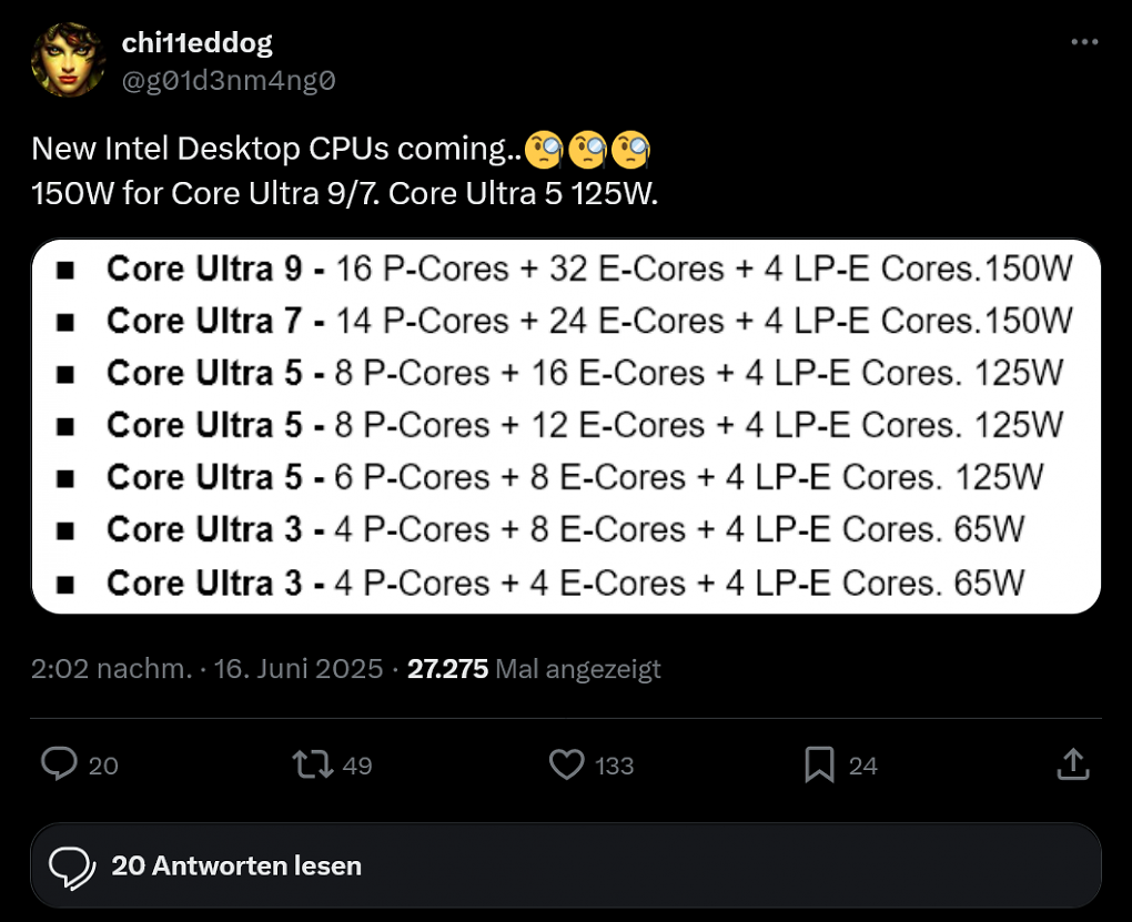 Core Ultra 9 485K: Nova Lake soll mit 52 Cores glänzen [Update]
